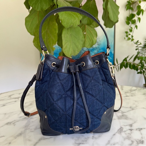 Coach | Bags | Coach Mickie Quilted Denim Leather Drawstring Crossbody ...